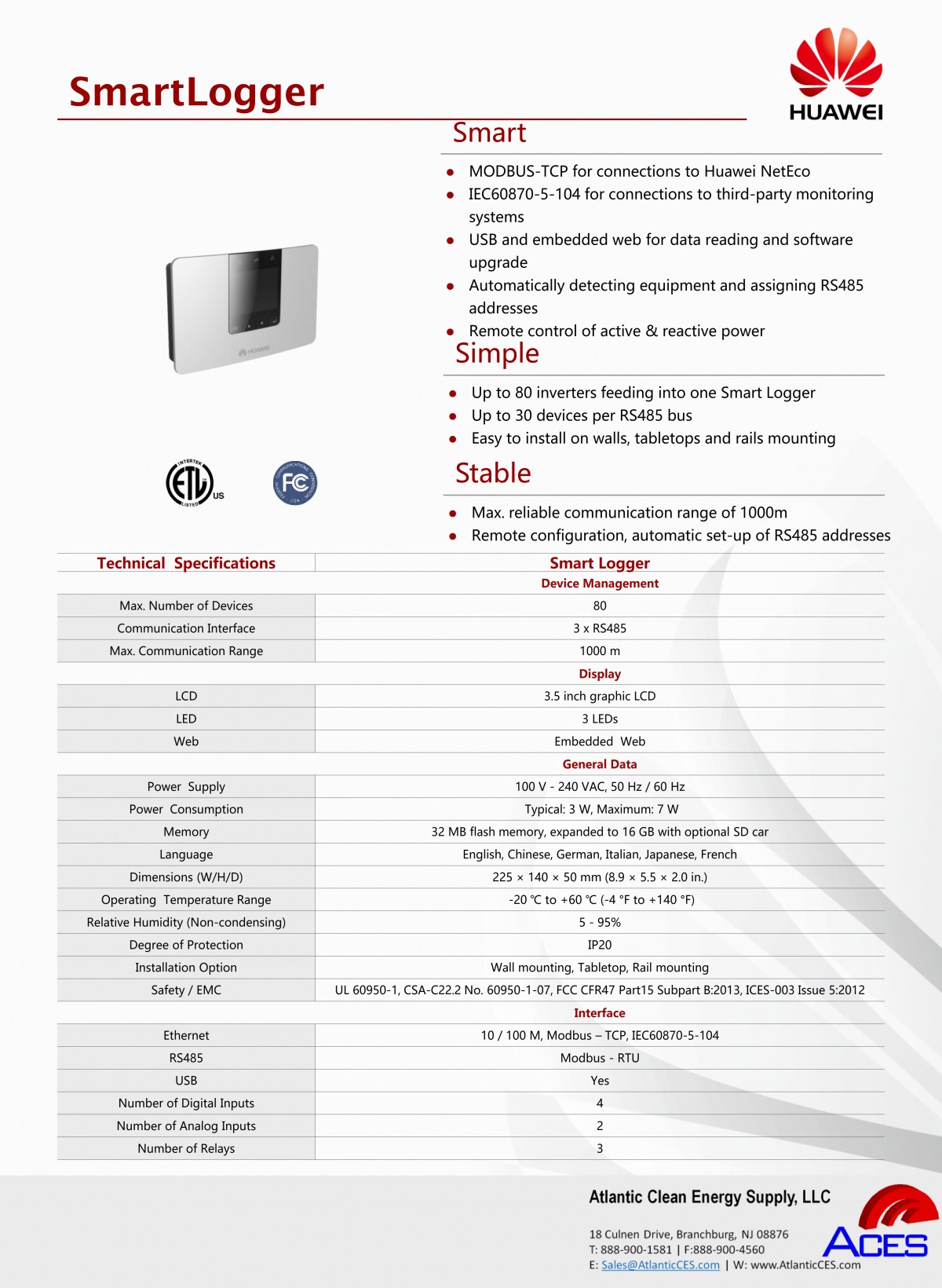 Huawei Smart Logger 1000/2000 and SmartACU2000A – ACES – Atlantic Clean ...